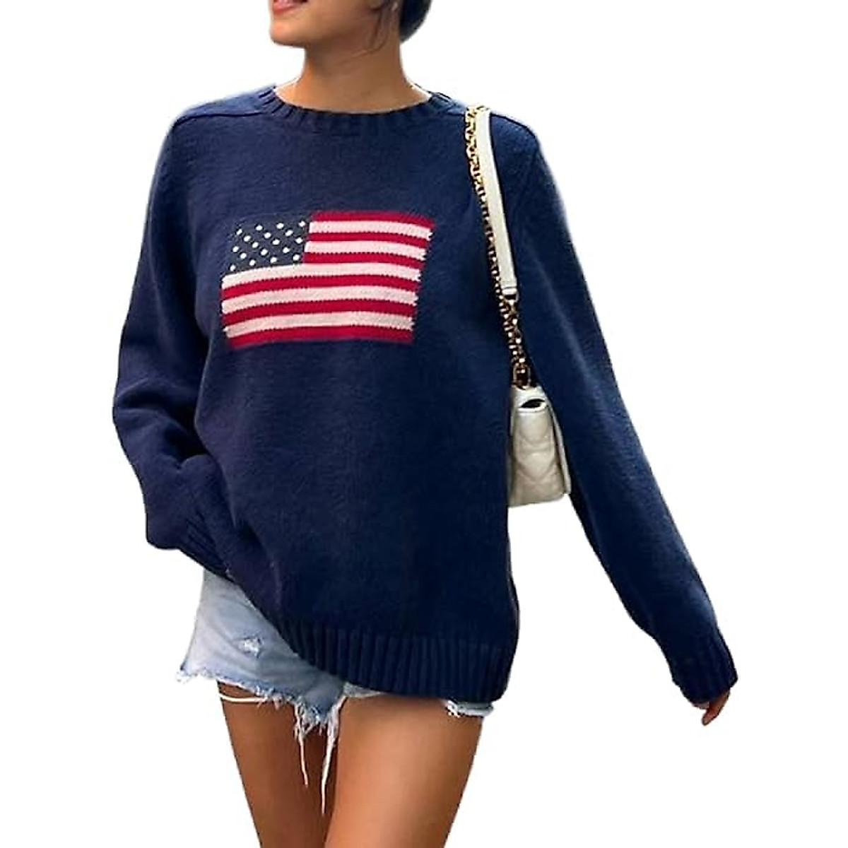 Y2k Vintage Sweater Long Sleeve Crew Neck Loose Knit Pullover American Flag Sweatshirt Preppy Striped Sweater