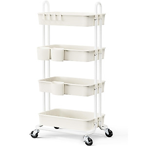 Pipishell 4-Tier Rolling Cart, Utility Cart with Lockable Casters, PP Plastic Storage Baskets, Hanging Cups & Hooks, Rolling Cart for Living Room, Bedroom, Kitchen, Bathroom, Art Studio(White)