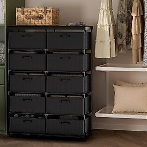 GcdPai Dresser with 10 Fabric Drawer Solid Wood TV Stand Desktop Sturdy Metal Support Tube Cube Storage Cabinet for Closet Bedroom Organization Dorm Front Hall Entryway (10 Drawer)