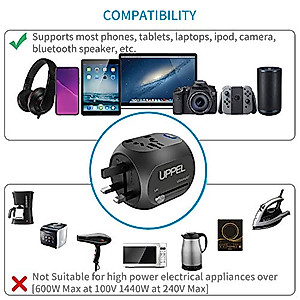 UPPEL Universal Travel Adapter Power Adapter All in One European Adapter Travel Converter with QC3.0&USB&Type-C Port Function Charger,Universal Plug Adapter Used in UK/US/EU AU/Asia(200 Countries)
