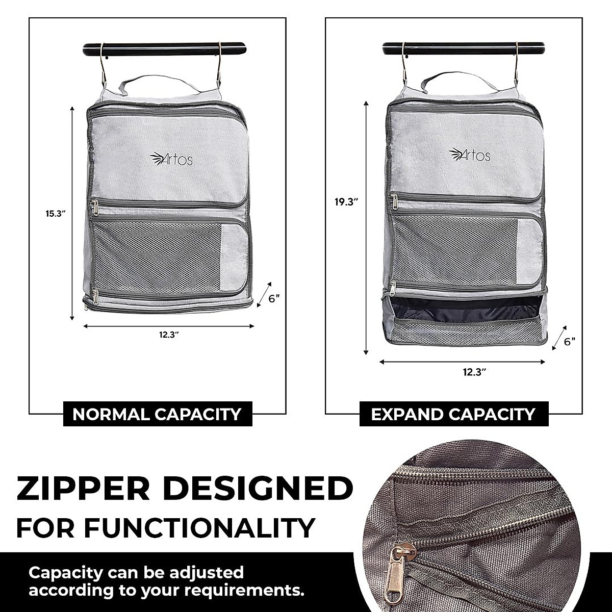 Artos Hanging Portable Luggage Suitcase Carry On Closet Shelving Organizer w/Hooks| for Travel, Camper, RV |Packing Cube(Grey)