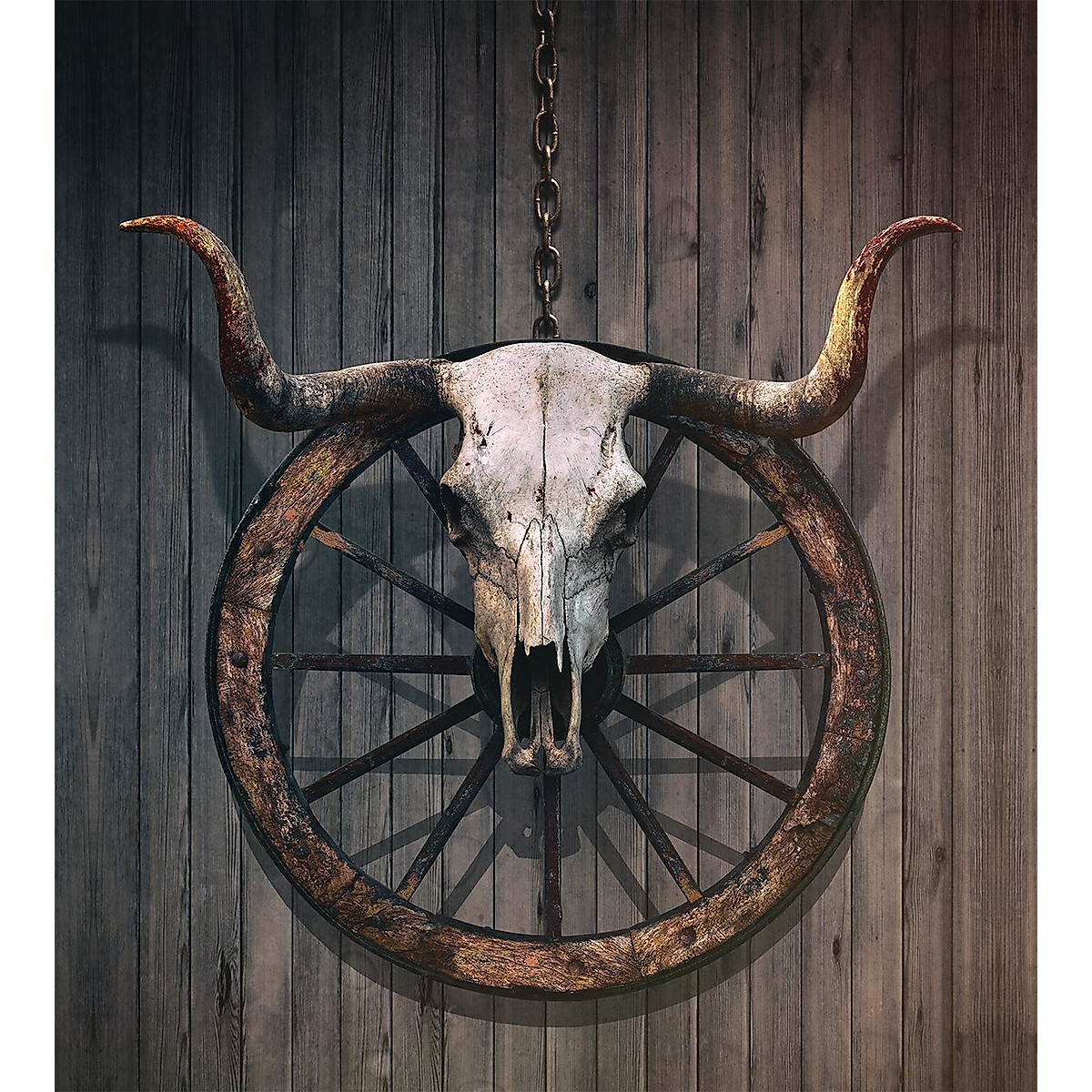 Ambesonne Barn Wood Wagon Wheel Duvet Cover Set, Long Horned Bull Skull and Old West Wagon Wheel on Rustic Wall, Decorative 3 Piece Bedding Set with 2 Pillow Shams, Queen Size, White Black Brown