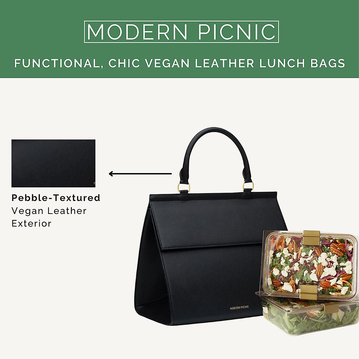 Modern Picnic Vegan Leather Lunch Bag for Women, Cooler Lunch Bag for Girls, Easily Wipeable, Adjustable Shoulder Strap, Women’s Lunch Bags for Work/Office/Outdoor, Black As Seen on Shark Tank