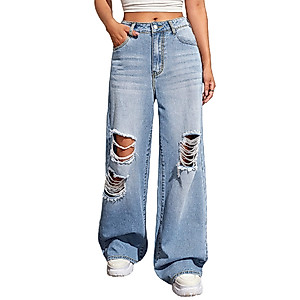 SweatyRocks Women's Casual Loose Ripped Denim Pants Distressed Wide Leg Jeans Light Blue L