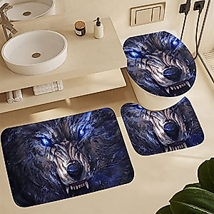 EEncantoo Premium Quality 4 Piece Angry Wolf Art Shaggy Rugs + U-Shaped Bath Mats & Lid Cover Rubber Backing + Fast Dry Shower Stall Curtain - Home Bath Room Decor