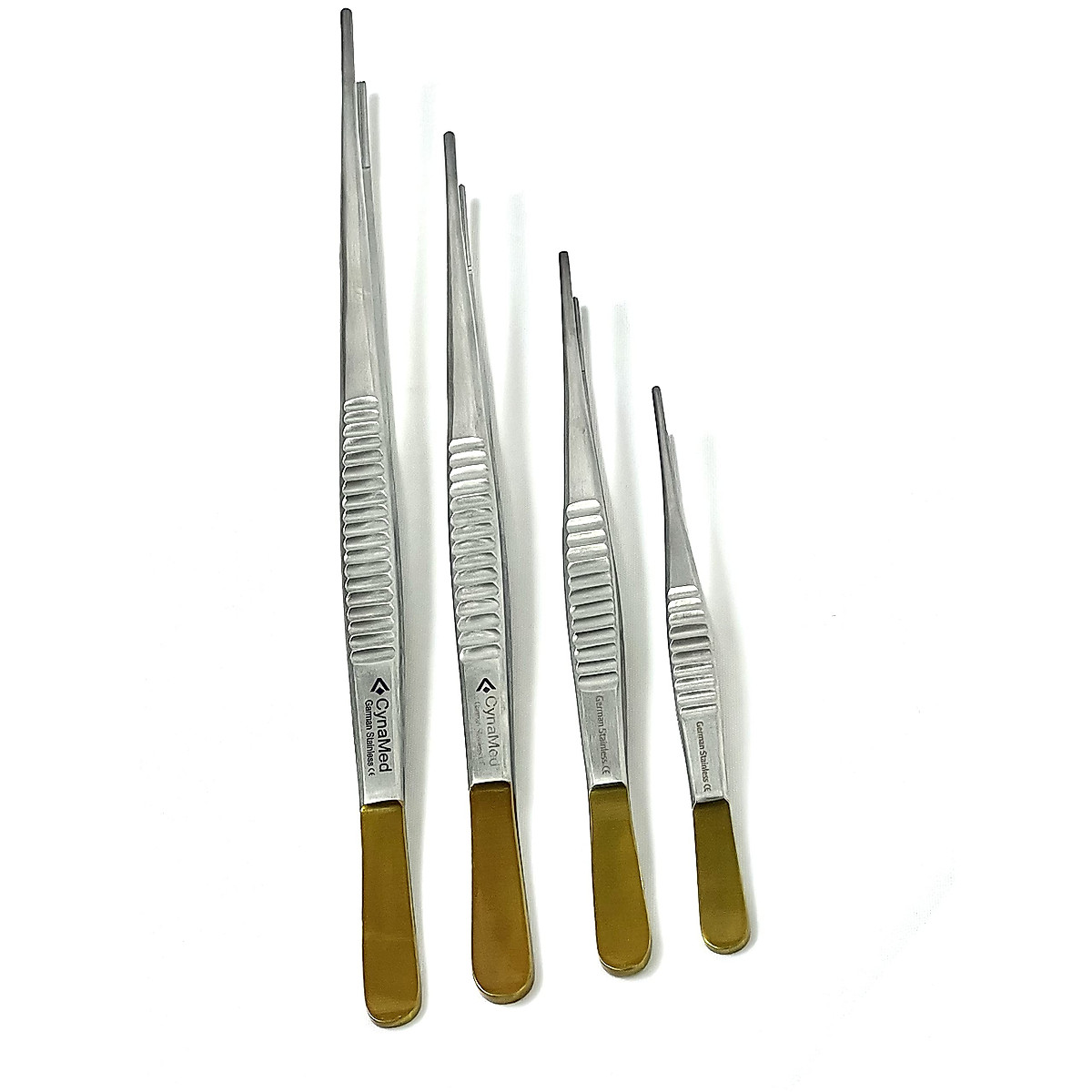 German Set of 4 Each Debakey Forceps Serrated Narrow Tips for Atraumatic Veterinary Microscopy Dissection Comes in Gold Handle 6”+8”+10”+12”