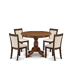 East West Furniture HBMZ5-AWA-32 5 Piece Dining Room Furniture Set Contains a Round Dining Table and 4 Parson Chairs, 42x42 Inch, Antique Walnut