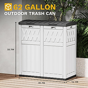 DWVO 66 Gallon Double-Bin Outdoor Trash Can, Waterproof Resin Garbage Can with Tiered Lid and Drip Tray for Patio, Kitchen, Deck, and Backyard, Grayish-White