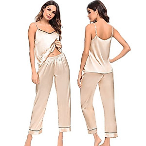 SWOMOG Womens Silk Satin Pajamas Set Two-Piece Pj Sets Cami Top and Capris Pants Sleepwear