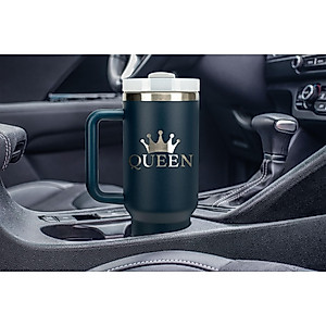 100 North Queen Royal Crown Wrap-Around 40 Oz. Stainless Steel Water Bottle Coffee Mug, Spill & Leak Resistant, Travel Tumbler with Handle, Lid & Straw, Navy Blue