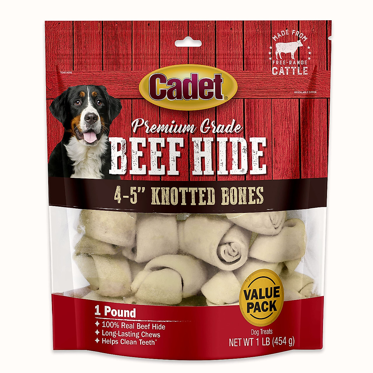 Cadet Premium Grade Beef Hide for Dogs, Long Lasting Rawhide Knotted Bones Single Ingredient Dog Chews, 4"-5" Dog Bones, 1 Pound