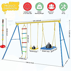 4 in 1 Swing Set for Backyard, Heavy Duty A-Frame Metal Outdoor Stand, 550 lbs Weight Capacity Adjustable Playground Playset for Kids Toddlers with 2 Swing Seat, Climbing Ladder and Climbing Rope