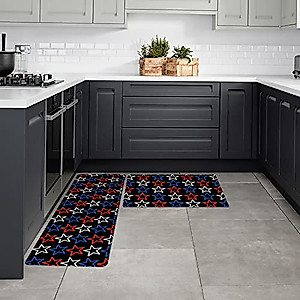 Libaoge Kitchen Mat Rug Set of 2 Independence Day White Red Blue Star Runner Rug Anti-Fatigue Comfort Memory Foam Standing Mat Non-Slip Floor Door Mat for Bathroom 18x30in+18x60in