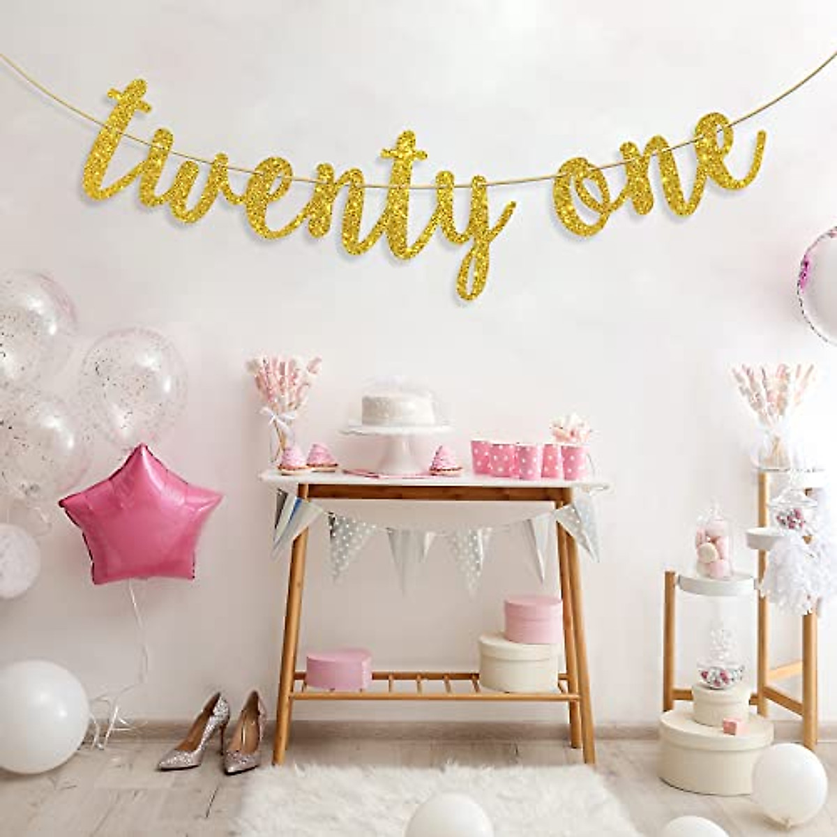 Twenty One Banner, Cheers to 21 Years Birthday Decorations, Finally 21, Happy 21st Birthday Anniversary Party Supply Gold Glitter