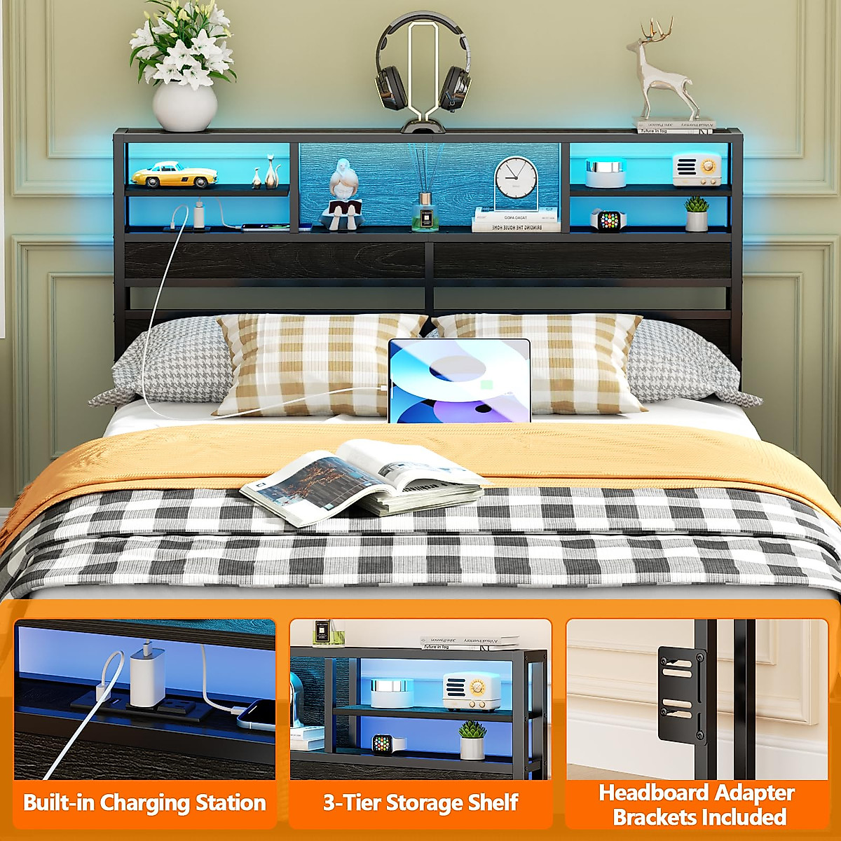 Furnulem Headboard Full Size with 3-Tier Shelf, Bookcase Storage Head Board with RGB LED Light and Charging Station,2 Outlets and 2 USB Ports,Black Wood Storage Cubbies & Metal Frame,Adjustable Height