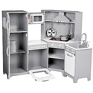 Amazon Basics Kids Corner Wooden Kitchen Toy Playset with Stove, Oven, Sink, Fridge and Accessories, for Toddlers, Preschoolers, Children Age 3+ Years, White & Gray, 39.37"L x 28.35"W x 35.04"H