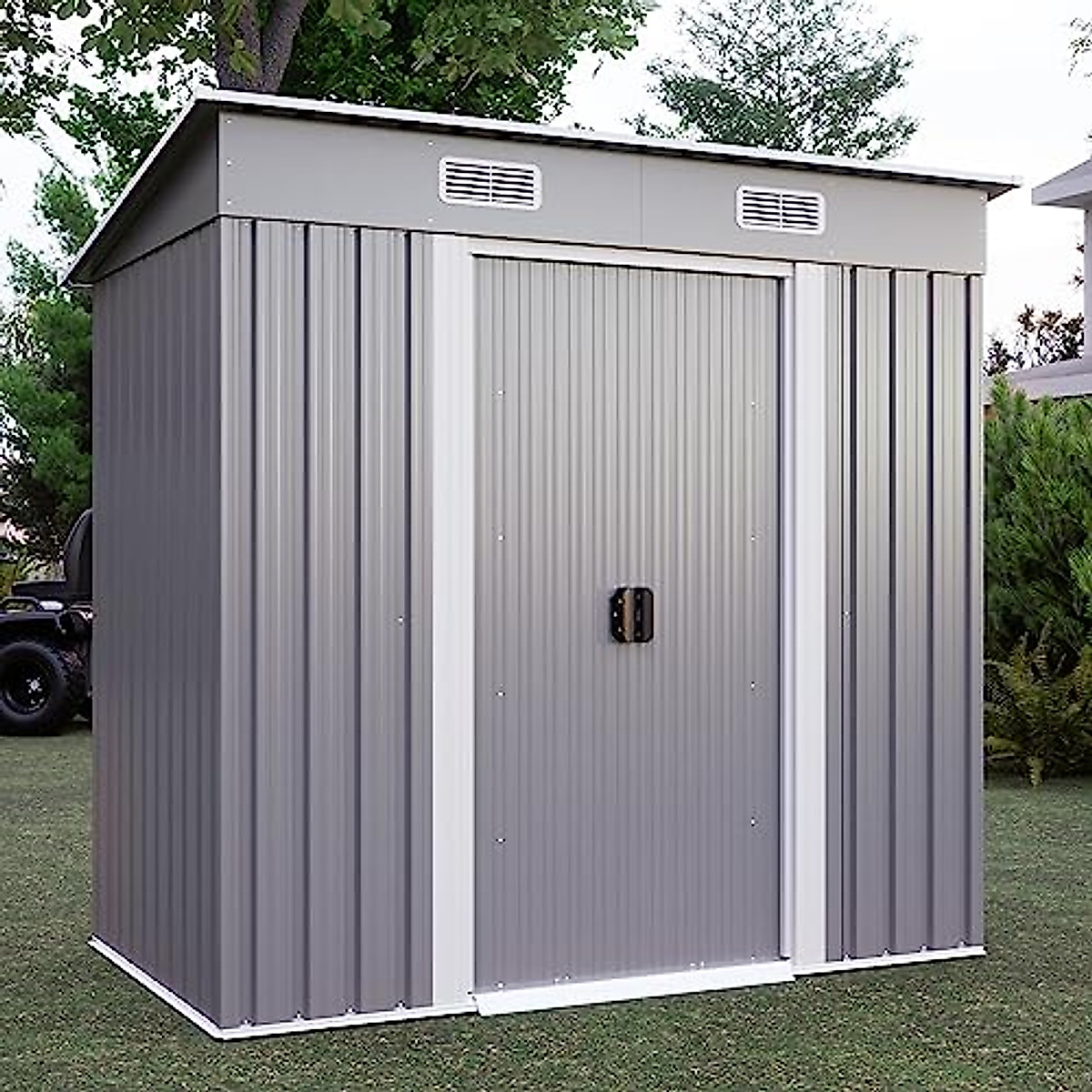 Evedy Sheds & Outdoor Storage, 6'x 6' FT Outdoor Metal Storage Shed, Sliding Doors and Window, Sun Protection, Waterproof Tool Storage Shed for Backyard, Patio, Lawn (Wood Grain & Coffee)