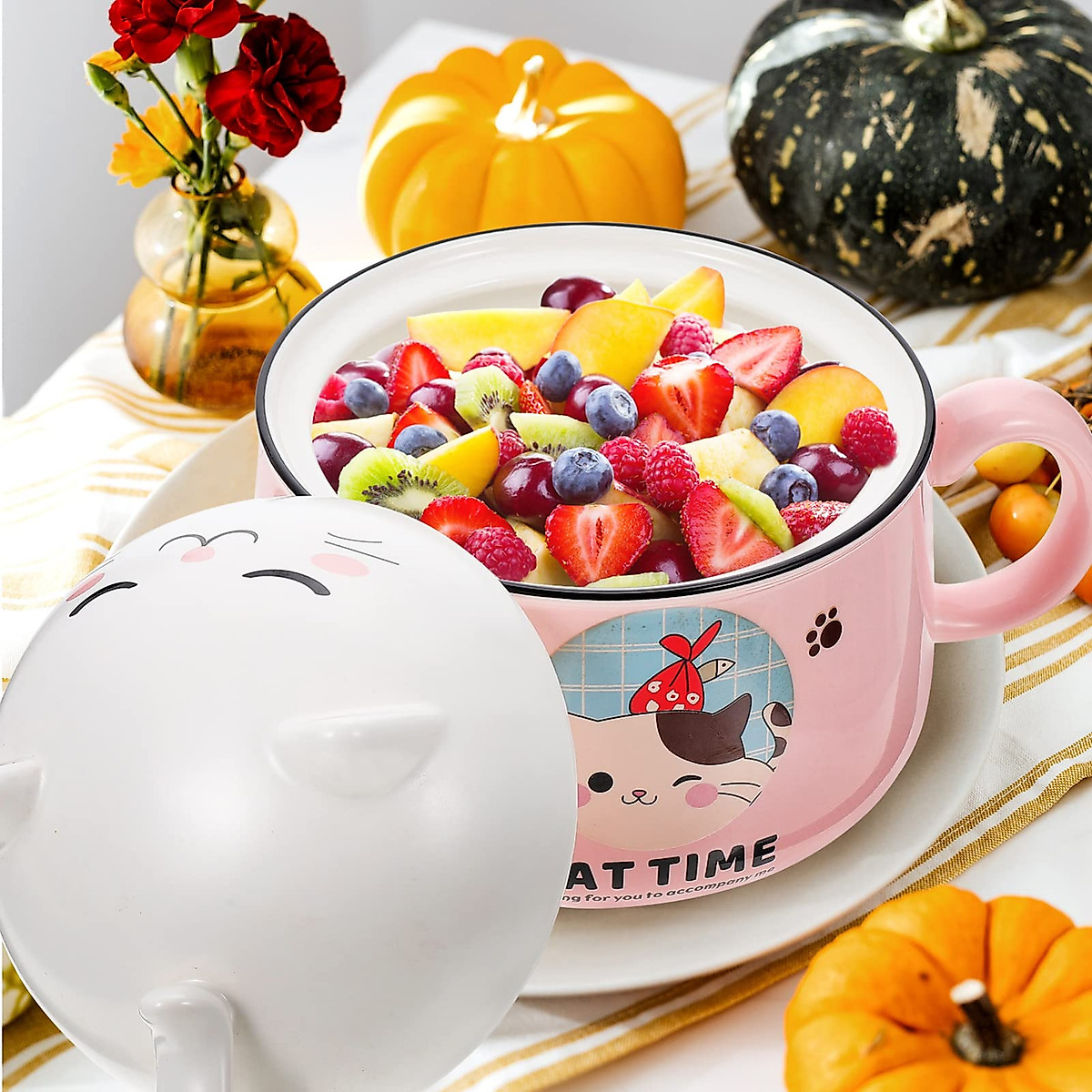 Angoily Chinese Decor Ceramic Bowl with Lid Handle Cat Design Instant Noodle Bowl Cereal Bowl Soup Mug Ramen Bowl for Rice Salad Noodle Pho Vegetable Fruit 1020ml Pasta Container