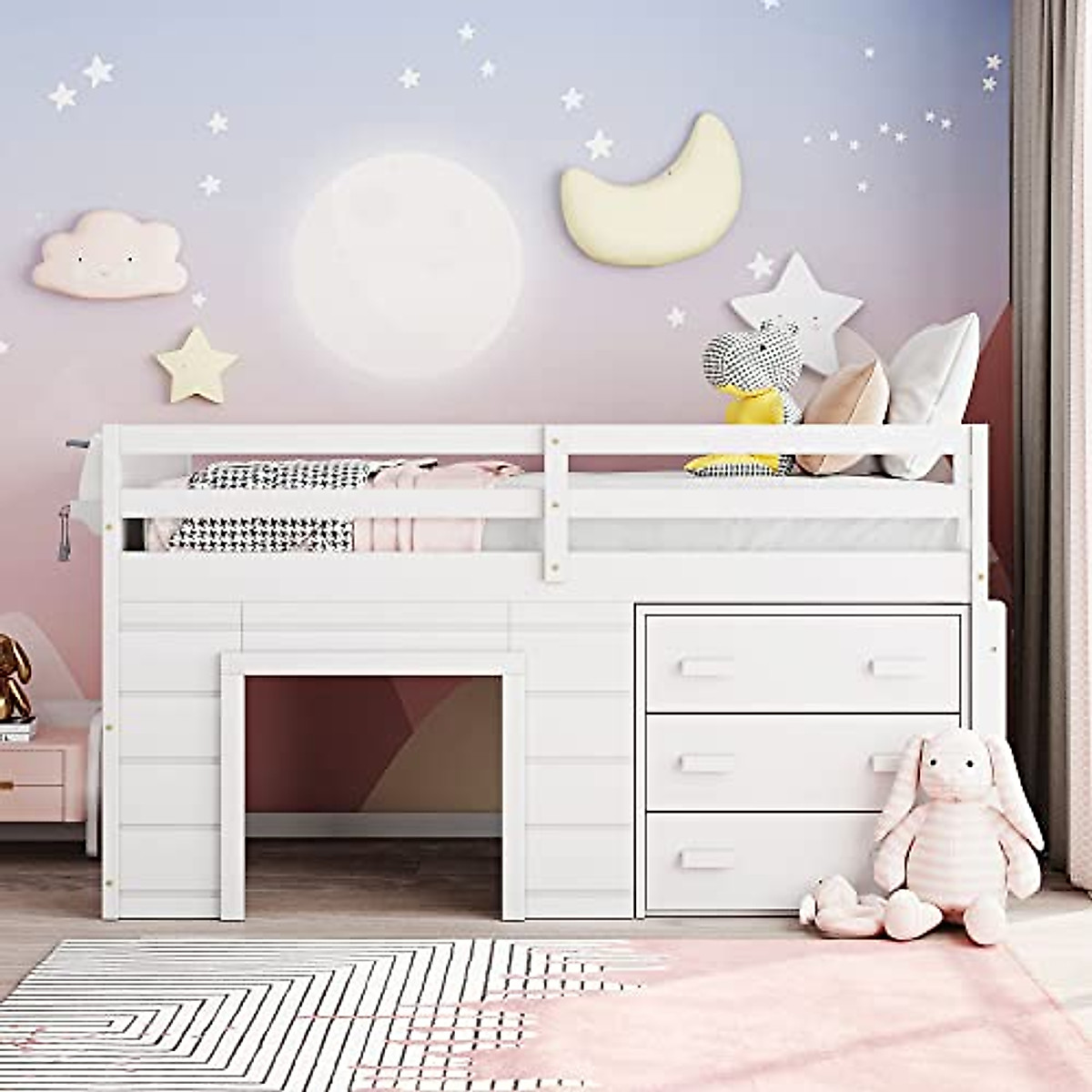 RORIGAT Twin Size Loft Bed with Storage Shelf and Cabinet, Wooden Low Loftbed Frame for Kids Boys Girls Bedroom Dorm, White
