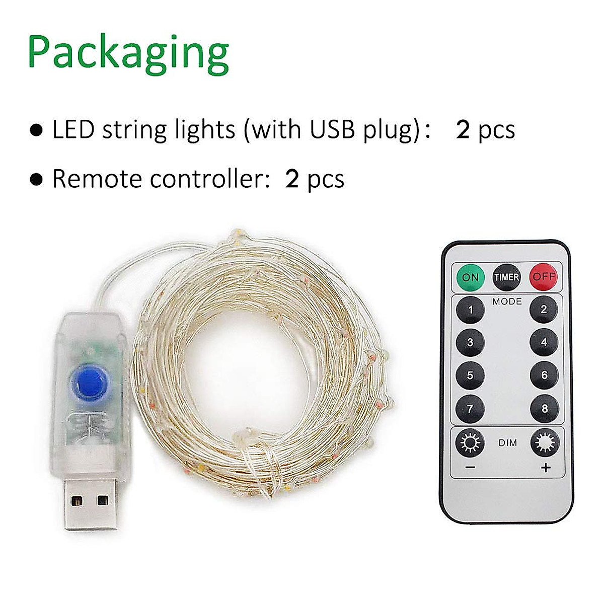 Huakway USB LED String Lights 33ft 8 Modes (2-Pack) 100 LEDs Remote Control Timer Waterproof 4 Color Mini Flexible Copper Wire Outdoor Indoor Deco Dorm Home Garden Party