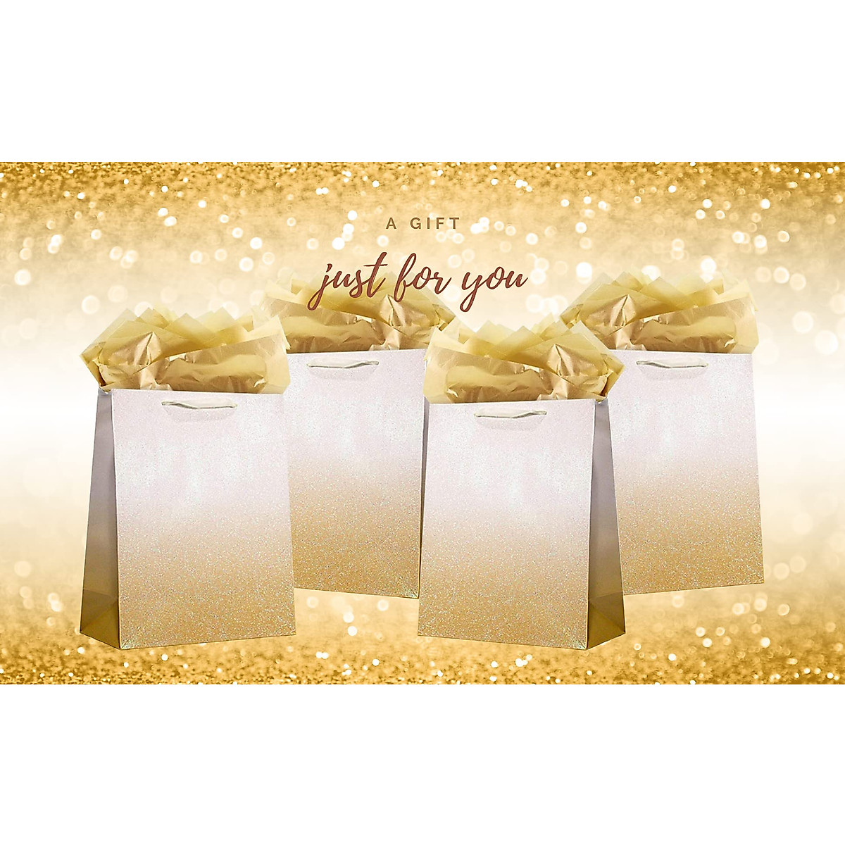 UNIQOOO 12Pcs Ombre Gold Gift Bags with Handle, Large 12.5x10'', Gradient Gold Glitter Paper Gift Wrap Bag, Recyclable Gift Packaging, For Wedding Birthday, Mother's Day, Baby Shower Party Favor Decor