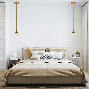 PARTPHONER LED Crytal Pendant Light, 1-Light Gold Hanging Light Fixture with Brushed Brass Finish, Mini Glass Globe Teardrop Pendant Lighting for Kitchen Island Dining Room Bedroom Bar