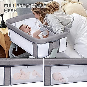 RONIPIC Baby Bassinet, Height & Angle Adjustable Bedside Sleeper, Bedside Crib with Mattress & Storage Bag, Easy Folding Portable Crib Infant Baby Bed, Grey