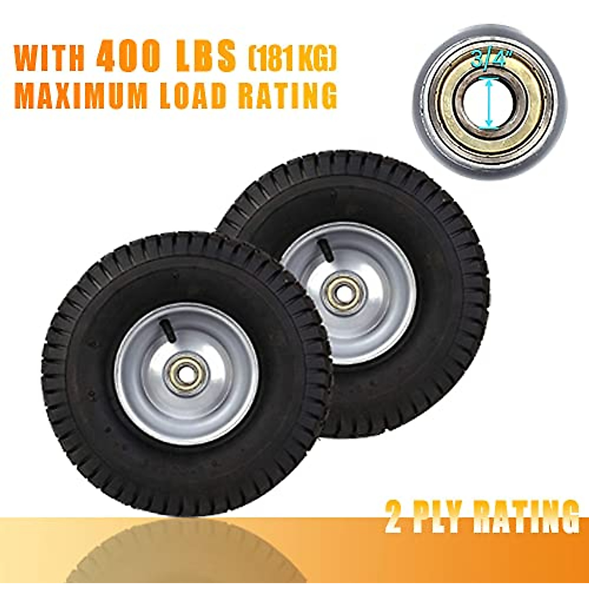 (2 Pack) 15 x 6.00-6 Tire and Wheel Set - for Lawn Tractors with 3” Centered Hub and 3/4" Sintered iron bushings