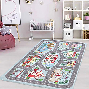 Playroom Rug Play Carpet 4’ x 6’, Blue Large Educational Children’s Play Mat, Learning & Have Fun Safely Non-Slip Washable Road Traffic Floor Area Carpet, Great for Kids Room Bedroom