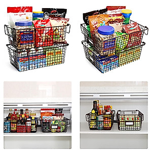 4 Pack Stackable Wire Storage Baskets With Handles,For Kitchen, Bathroom, Cabinets, Cupboards, Counter Top, Freezer & Pantry Organizer Bins, For Snacks, Drinks, Potatoes, Onions, Meat