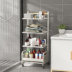 Aratan 4 Tier Rolling Cart, Metal Utility Cart on Wheels, Detachable Small Kitchen Cart Storage Organizer Cart with Wooden Handle for Home, Office and Classroom