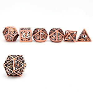 Metal Dice Set D&D, Dungeons and Dragons Dice Set,Hollow Out Retro Number Rainbow Unique Polyhedron Game RPG DND Metal Dice Set, Ancient Red Copper-24, Small