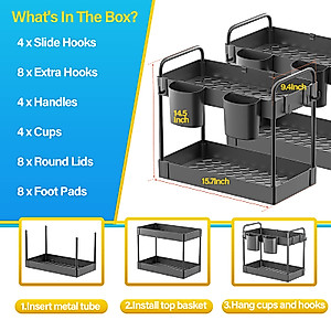 2 Pack Under Sink Organizers and Storage,2 Tier Under Bathroom Storage Rack with 12 Hooks,4 Hanging Cup, Bathroom Under Sink Shelf Cabinet Organizer Basket,Kitchen Multi-purpose Under Sink Storage