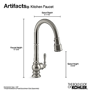 Kohler Artifacts® Single-Hole Kitchen Sink Faucet with 17-5/8" Pull-Down spout and Turned Lever Handle, DockNetik Secure Docking System, and 3-Function sprayhead,