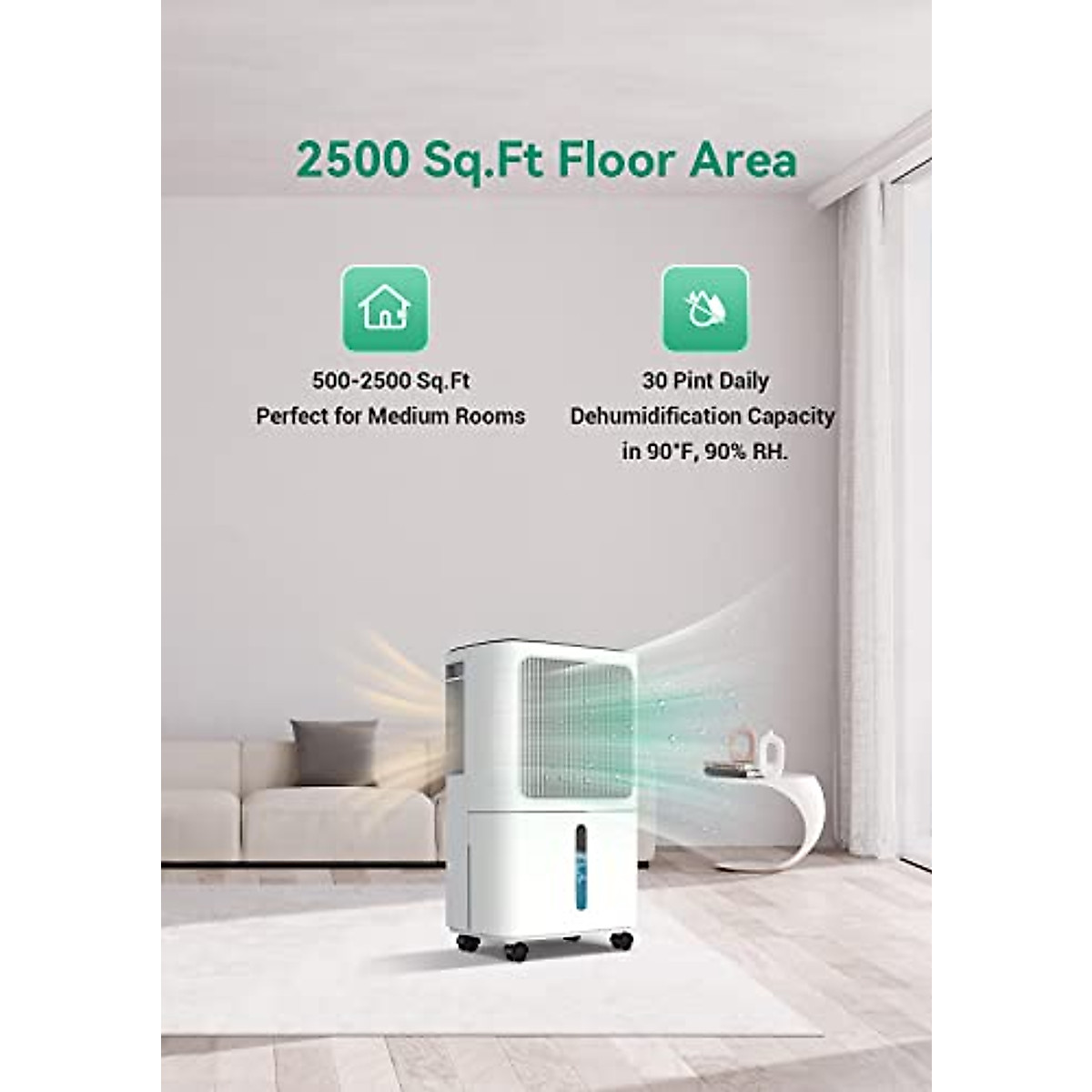 30 Pint Dehumidifiers for Home with Drain Hose, VEAGASO 2,500 Sq.Ft Dehumidifier for Basement, Large Room, Bathroom, Three Operation Modes, Intelligent Humidity Control, Dry Clothes, 24HR Timer