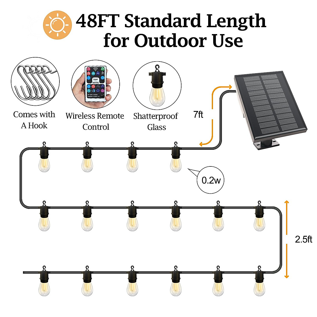 CIIC Solar Outdoor String Lights, 46FT LED Patio Lights Powered for Outside IP65 Waterproof, Hanging with 8 Modes 16+2 Shatterproof Bulbs Hallowmas Party-3000K Warm White (TYNDC-001)