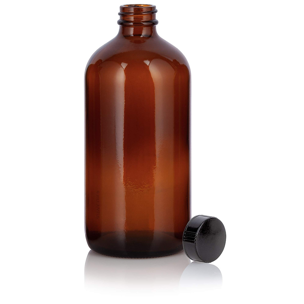 JUVITUS 16 oz Amber Glass Boston Round Bottle with Airtight Black Phenolic Cap (4 Pack)