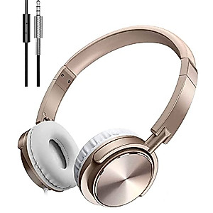 Nasuque Headphones with Microphone, Foldable Wired Headphones with Deep bass, Adjustable Headband and Noise Isolation for Smartphone Computer Laptop Chromebook MP3/4, (Gold)
