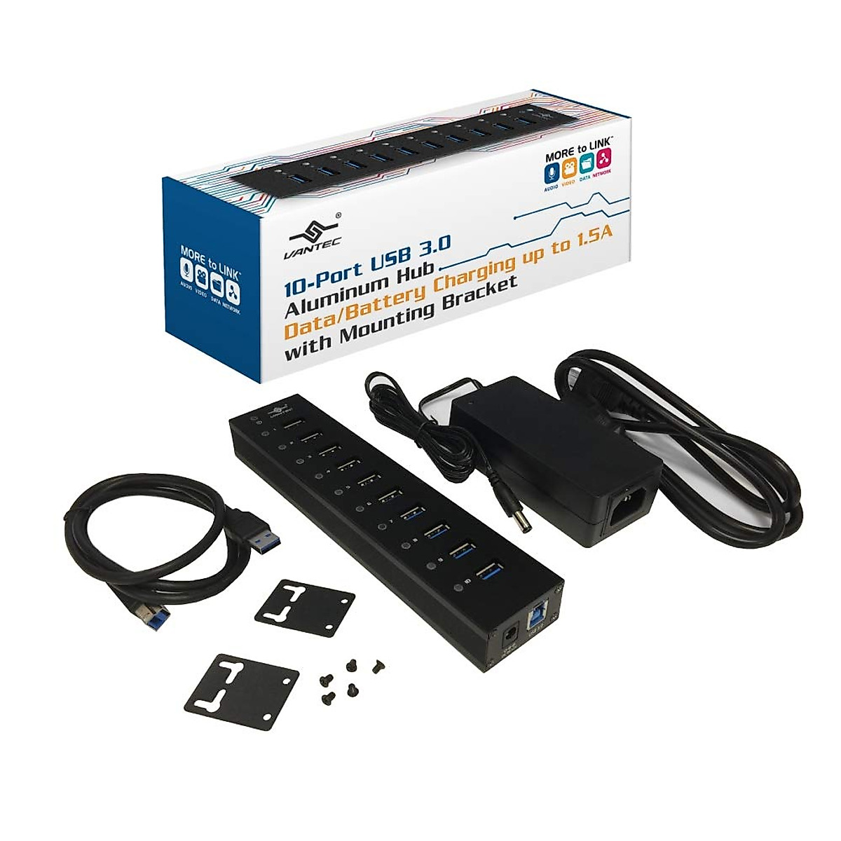 Vantec 10-Port USB 3.0 Hub, Aluminum, Full Powered, Mountable, with All Ports Data & Charging Up to 1.5A, BC 1.2, Premium 12V/5A, 60W Power Adapter (UGT-AH110U3-BK),Black