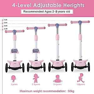 Wheelive 2 in 1 Kick Scooter with Removable Seat, 3 LED Wheels Kick Scooter for Kids, 4 Adjustable Height & Foldable Design Toddler Scooters Sit or Stand Ride for Boys & Girls 2-8 Years Old (Pink）