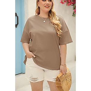 Fisoew Womens Plus Size T-Shirts Summer Oversized Half Sleeve Crew Neck Tunic Tops Tees Khaki
