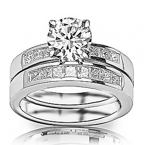 Houston Diamond District 3 Carat Lab 14K White Gold Synthetic Lab Grown Round Channel Princess Wedding Bridal Set IGI Certified Diamond Engagement Ring (2 Ct, I-J Color, SI1-SI2 Clarity Center)