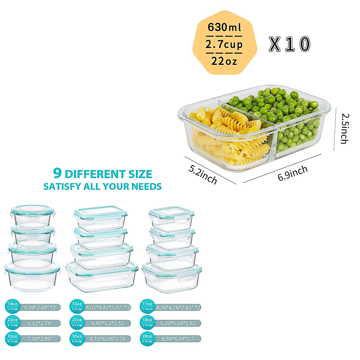 Bayco [24 Pieces] and [10 Packs] 2 Compartment Glass Food Storage Containers with Lids, Airtight Glass Lunch Bento Boxes, BPA-Free & Leak Proof