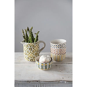 Creative Co-Op Hand-Stamped Stoneware Floral Patterns, Set of 4 Styles Bowl, Multicolored, 4