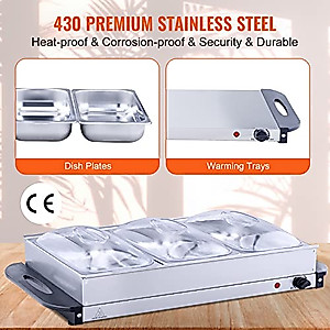 VEVOR Food Buffet, Warming Trays with Temp Control Portable Stainless Steel 7.5 Quart Chafing Dish Set, Hot Plate Perfect for Parties, Catering, Holidays, ETL, 25.6" x 15", Silver