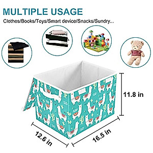 CaTaKu Cute White Llama Storage Bins with Lids Fabric Large Storage Container Cube Basket with Handle Decorative Storage Boxes for Organizing Clothes Shelves