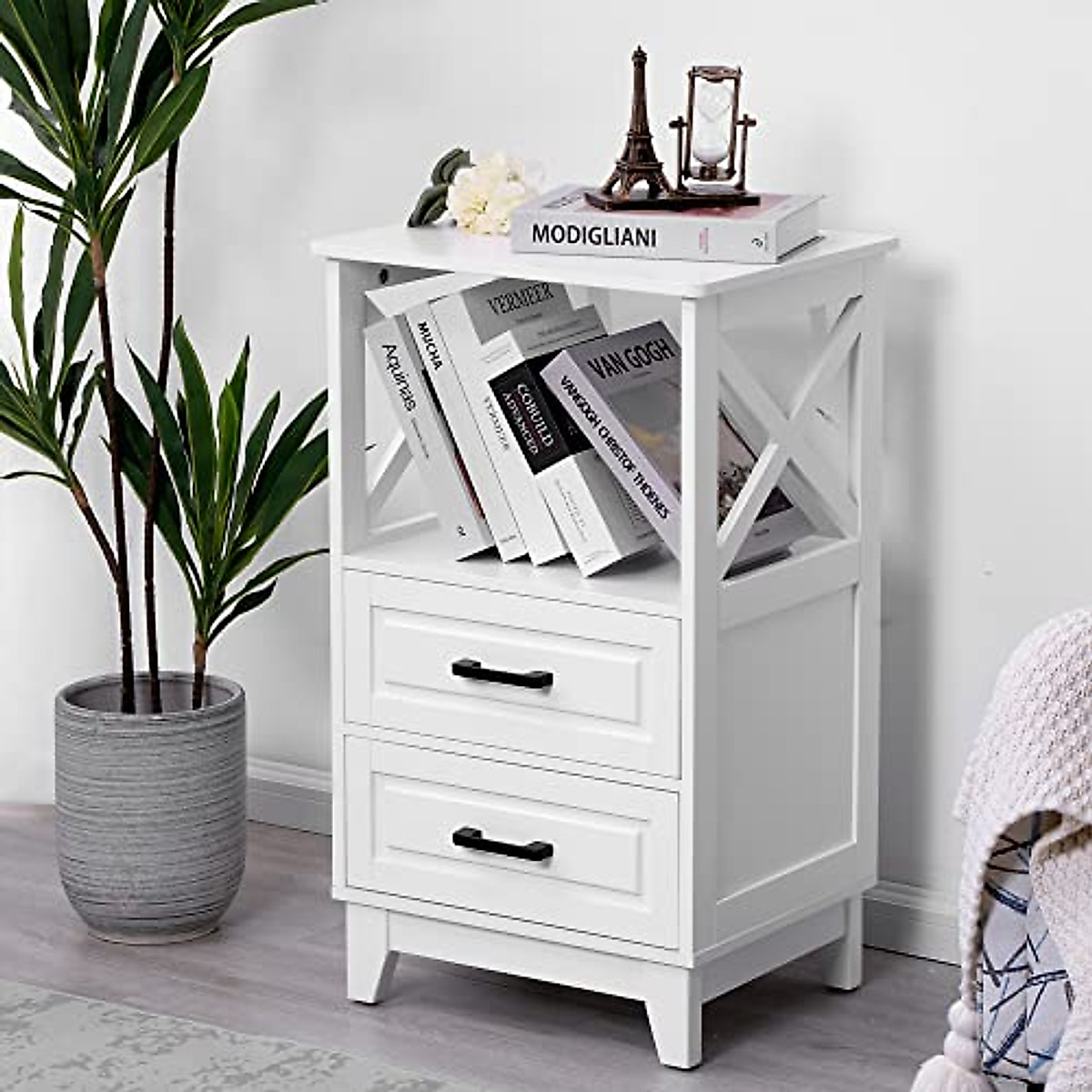 Nightstand with 2 Storage Drawers, Tall End Table with Wooden X-Design for Bedroom,Living Room White
