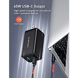 USB C Charger, Evatronic 65W 3-Port GaN Wall Charger PPS PD3.0 QC3.0 Fast Charging Adapter with 2 USB-C Ports + 1 USB-A Port Foldable Plug for MacBook Pro Air iPad Pro Air iPhone 14 13 12 Pro Max Mini
