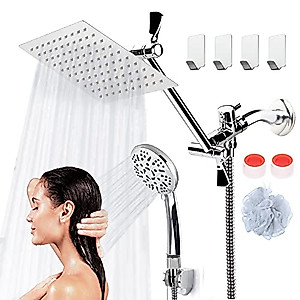 COSYLAND Rainfall Shower Head with Handheld Combo High Pressure 9 Settings with 11'' Extension Arm, Stainless Steel Bath Showerhead Shower Hose, Height/Angle Adjustable (8 inches, Silver)