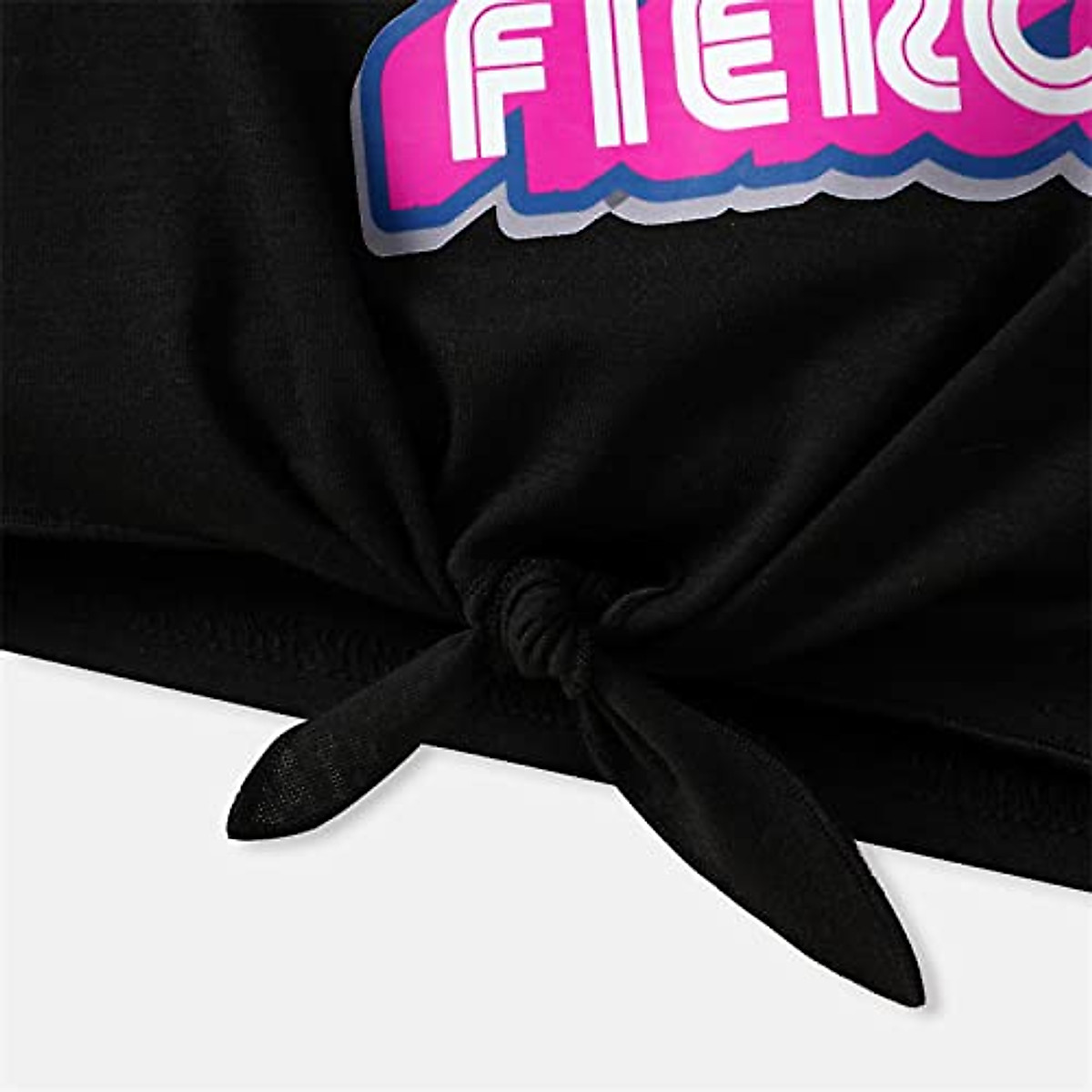 L.O.L. Surprise! Girls 2 Piece Outfits Tie Knot Long Sleeve Tee Top and Heart Pink Bell Bottom Flared Pants Set Black 5-6 Years